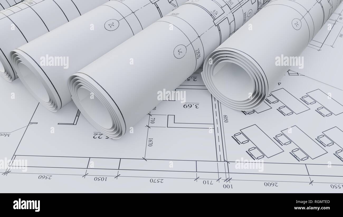 Architectural drawings. Flat and rolled Stock Photo - Alamy