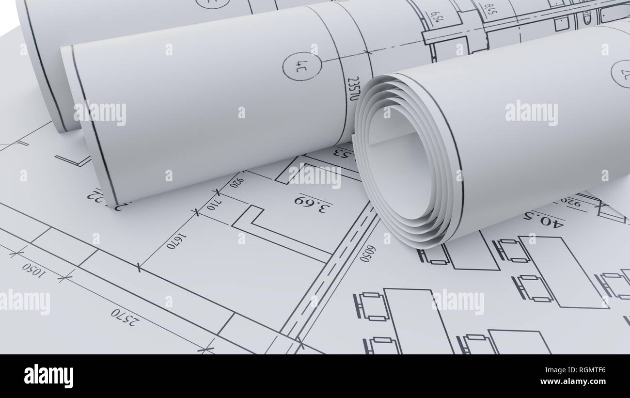 Architectural drawings. Flat and rolled Stock Photo - Alamy