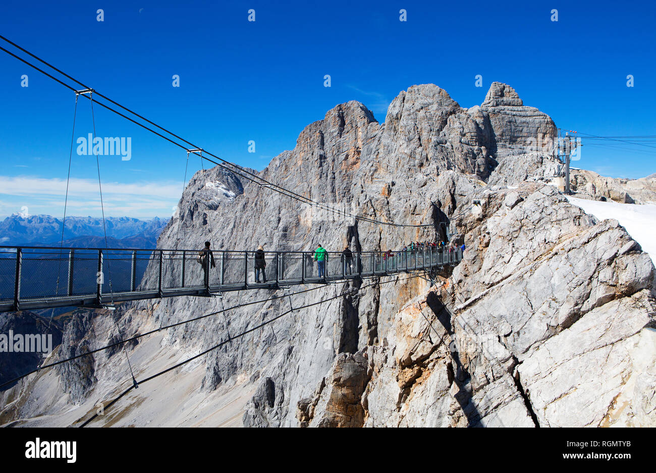Austria, Styria, Salzkammergut, Dachstein massif, suspension bridge ...