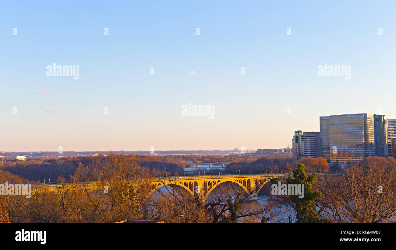 Washington DC suburban panorama along Potomac River in winter, USA. Key ...