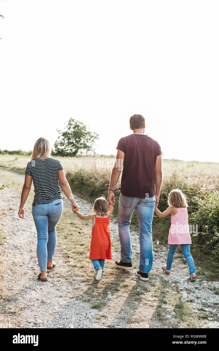 Rear view of family with two daughters walking hand in hand on a field ...