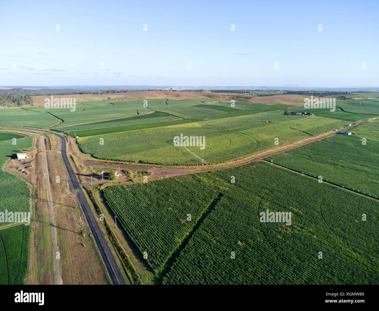 Aerial of centre pivoted irrigated sugar cane fields near Gin Gin ...