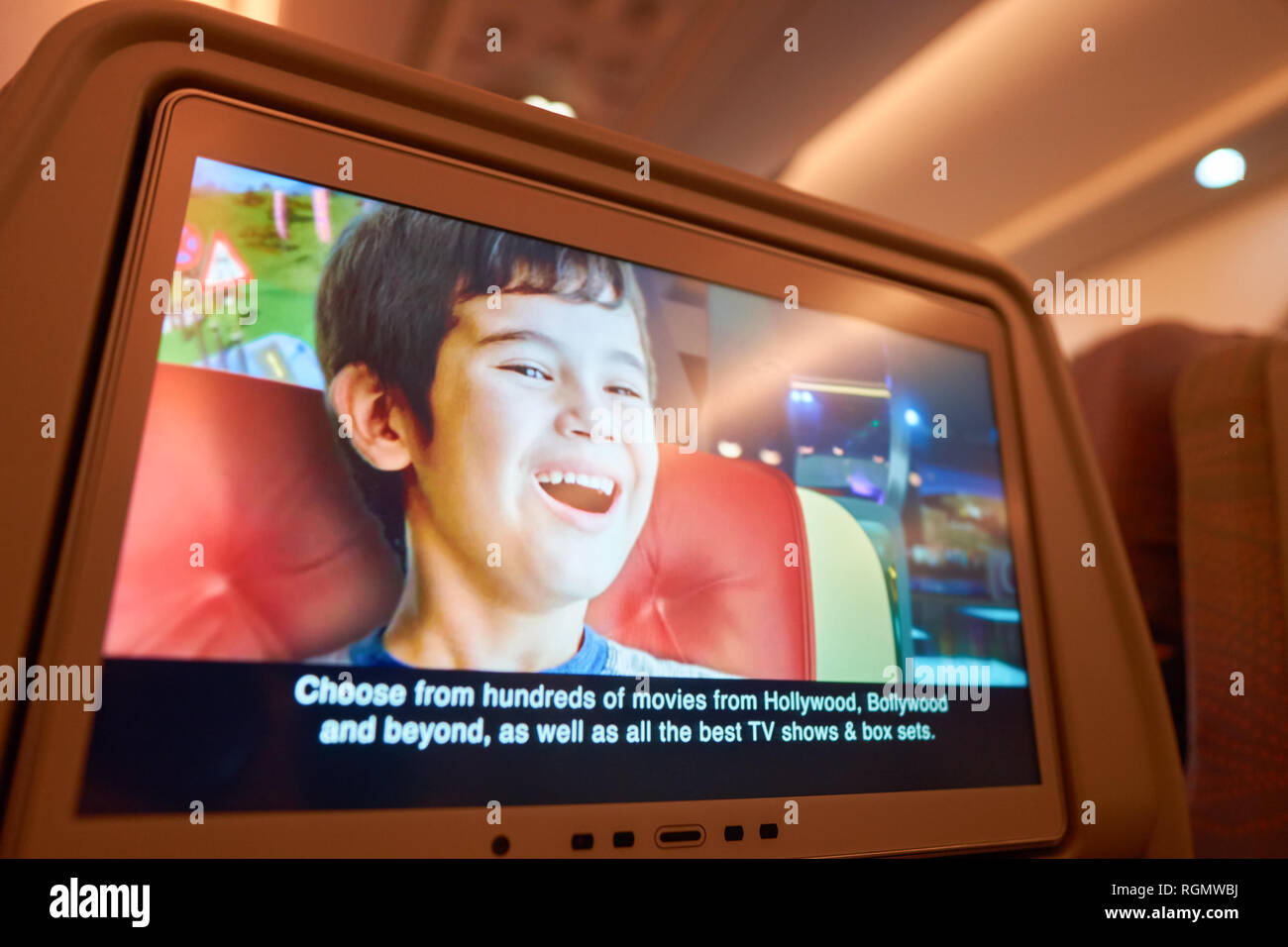 DUBAI, UAE - CIRCA NOVEMBER 2016: close up shot of a seat-back screen ...