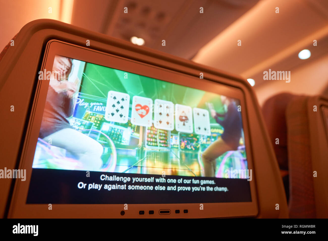 DUBAI, UAE - CIRCA NOVEMBER 2016: close up shot of a seat-back screen ...