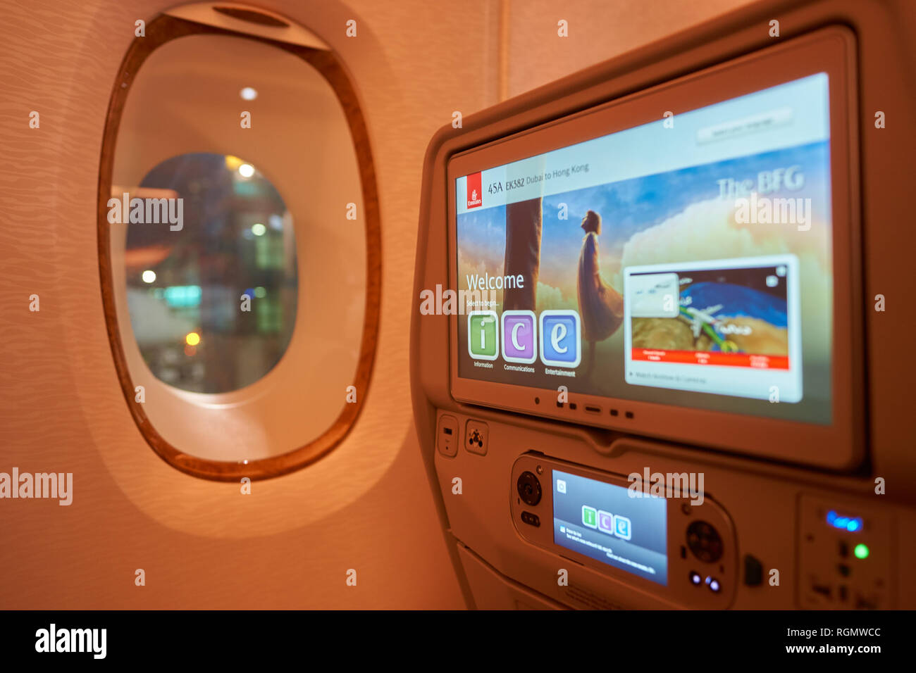DUBAI, UAE - CIRCA NOVEMBER 2016: close up shot of a seat-back screen ...