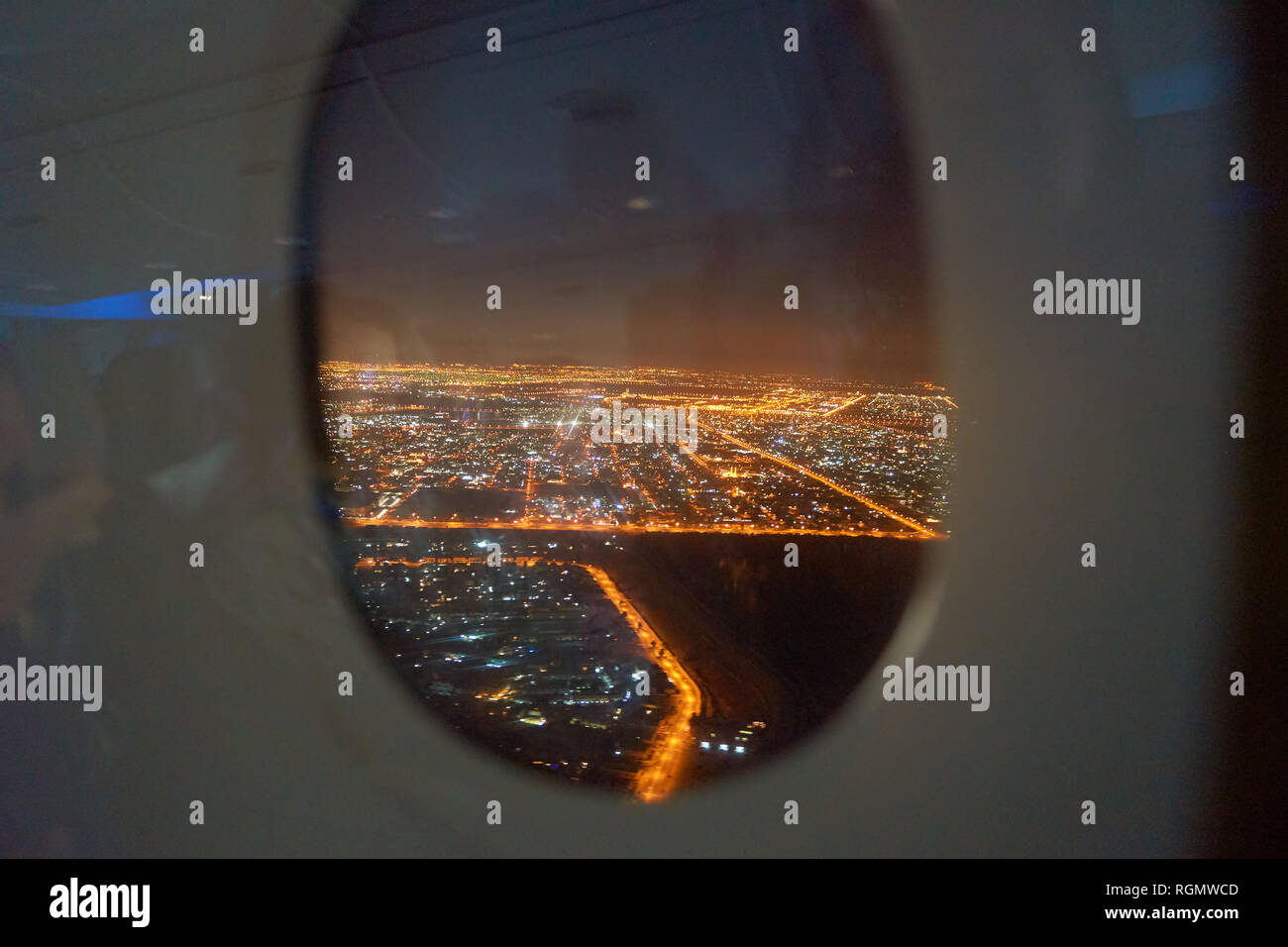 DUBAI, UAE - CIRCA NOVEMBER 2016: view of Dubai from Emirates A380 at ...