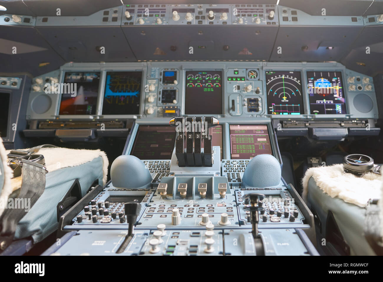 HONG KONG - CIRCA NOVEMBER, 2016: cockpit of Emirates Airbus A380. The ...