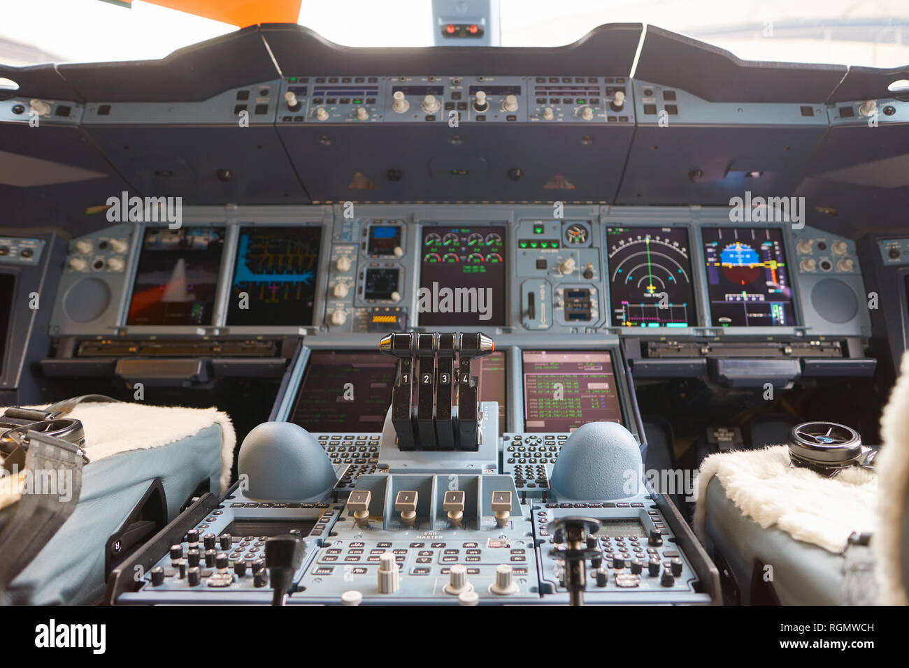HONG KONG - CIRCA NOVEMBER, 2016: cockpit of Emirates Airbus A380. The ...