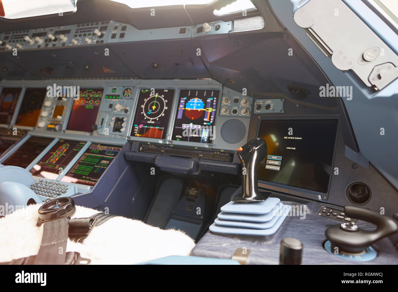 HONG KONG - CIRCA NOVEMBER, 2016: cockpit of Emirates Airbus A380. The ...