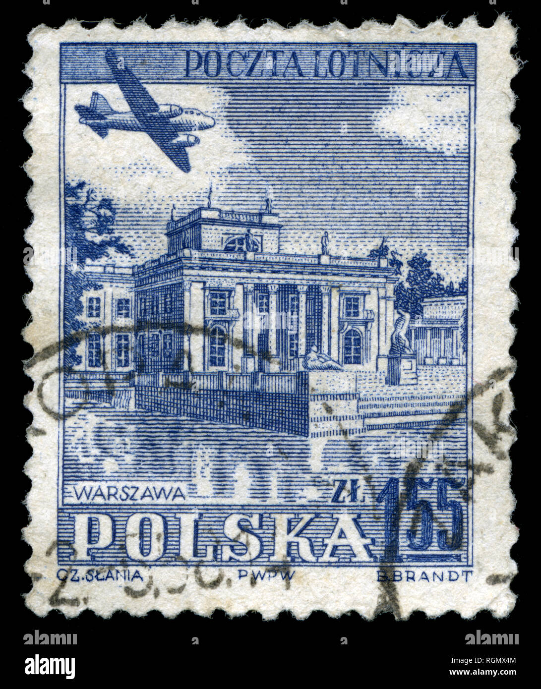 Postage stamp from the Poland in the Airplane over historic buildings ...