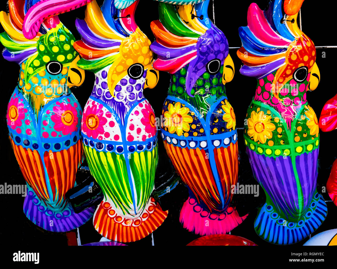 Colorful Blue Pink Yellow Ceramic Parrots Oaxaca Mexico. Many ceramic ...