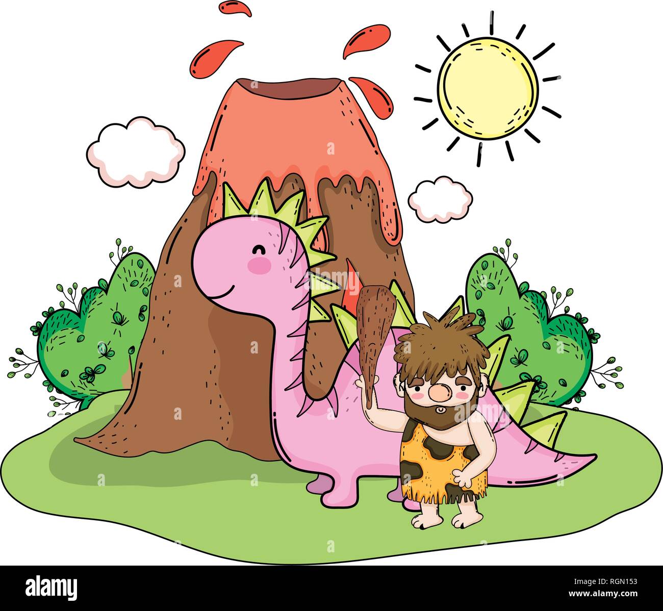 caveman with dinosaur in the landscape and volcano Stock Vector Image ...
