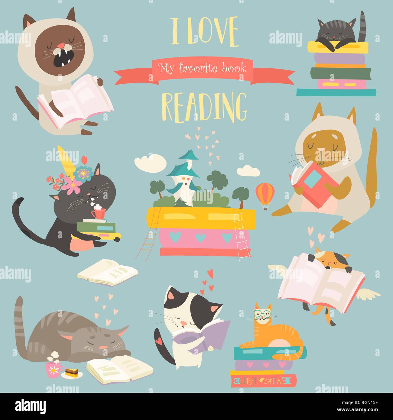 Funny cartoon cats reading books. Vector set Stock Vector Image & Art ...