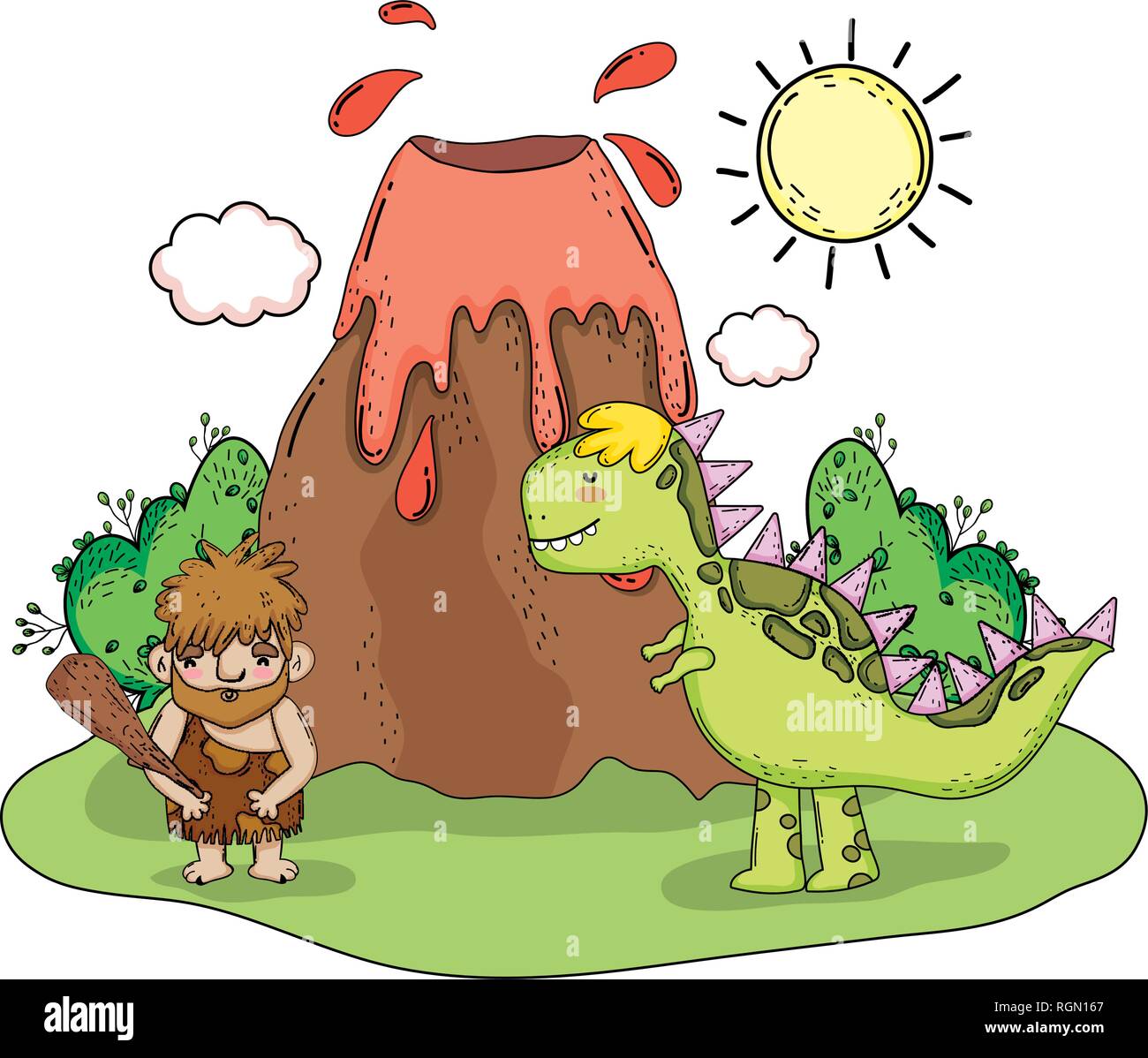 caveman with dinosaur in the landscape and volcano Stock Vector Image ...