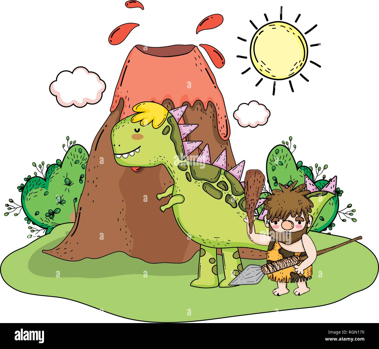 caveman with dinosaur in the landscape and volcano Stock Vector Image ...