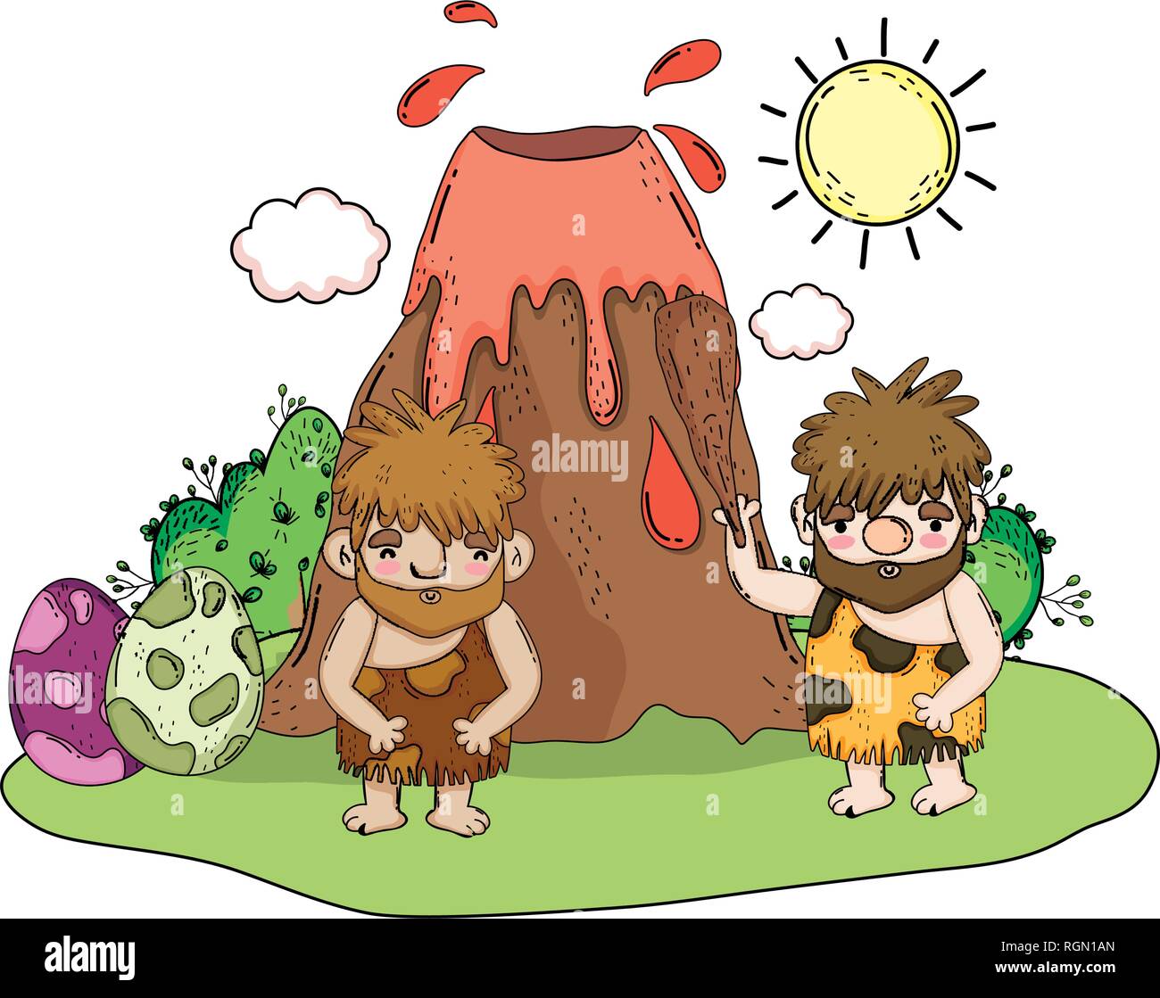 cavemen comic in the landscape with volcano Stock Vector Image & Art ...