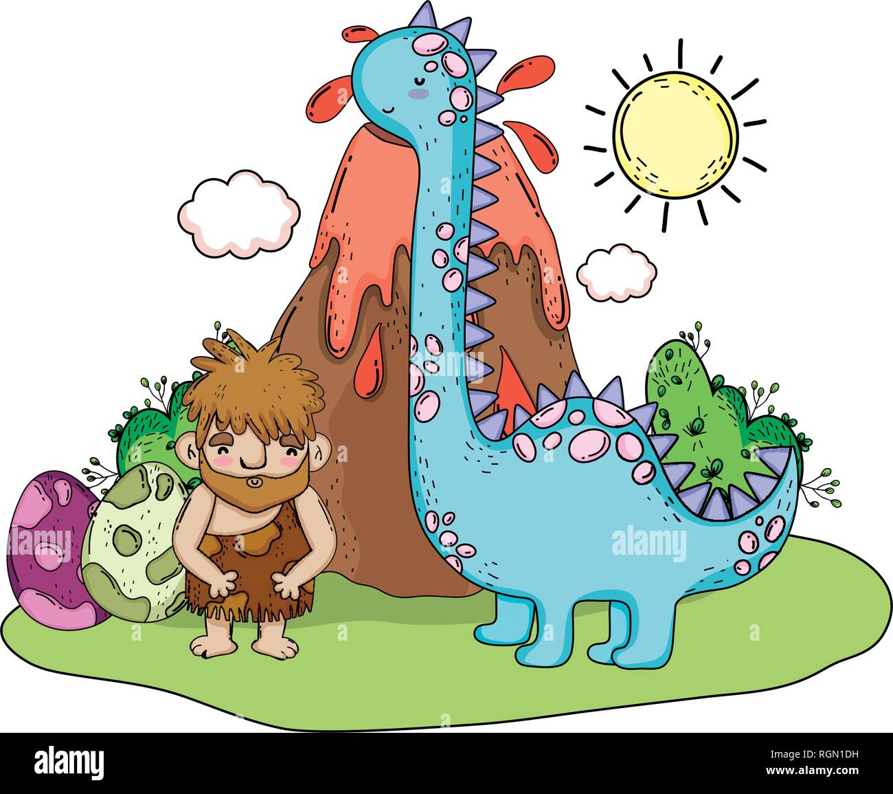 caveman with dinosaur in the landscape and volcano Stock Vector Image ...