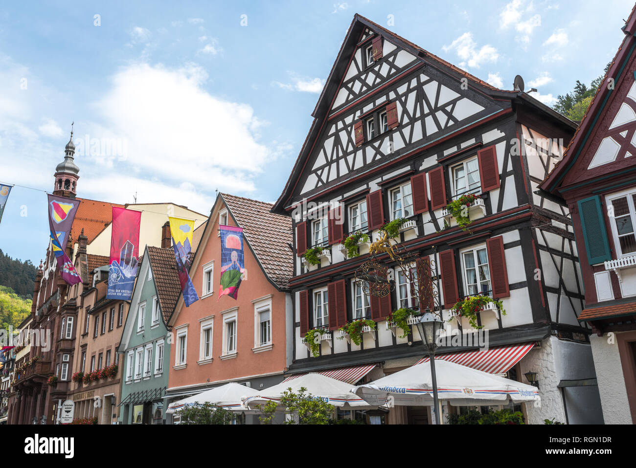 street with half-timbered houses in the village Wolfach, Black Forest ...