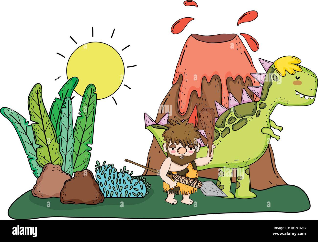 caveman with dinosaur in the landscape and volcano Stock Vector Image ...