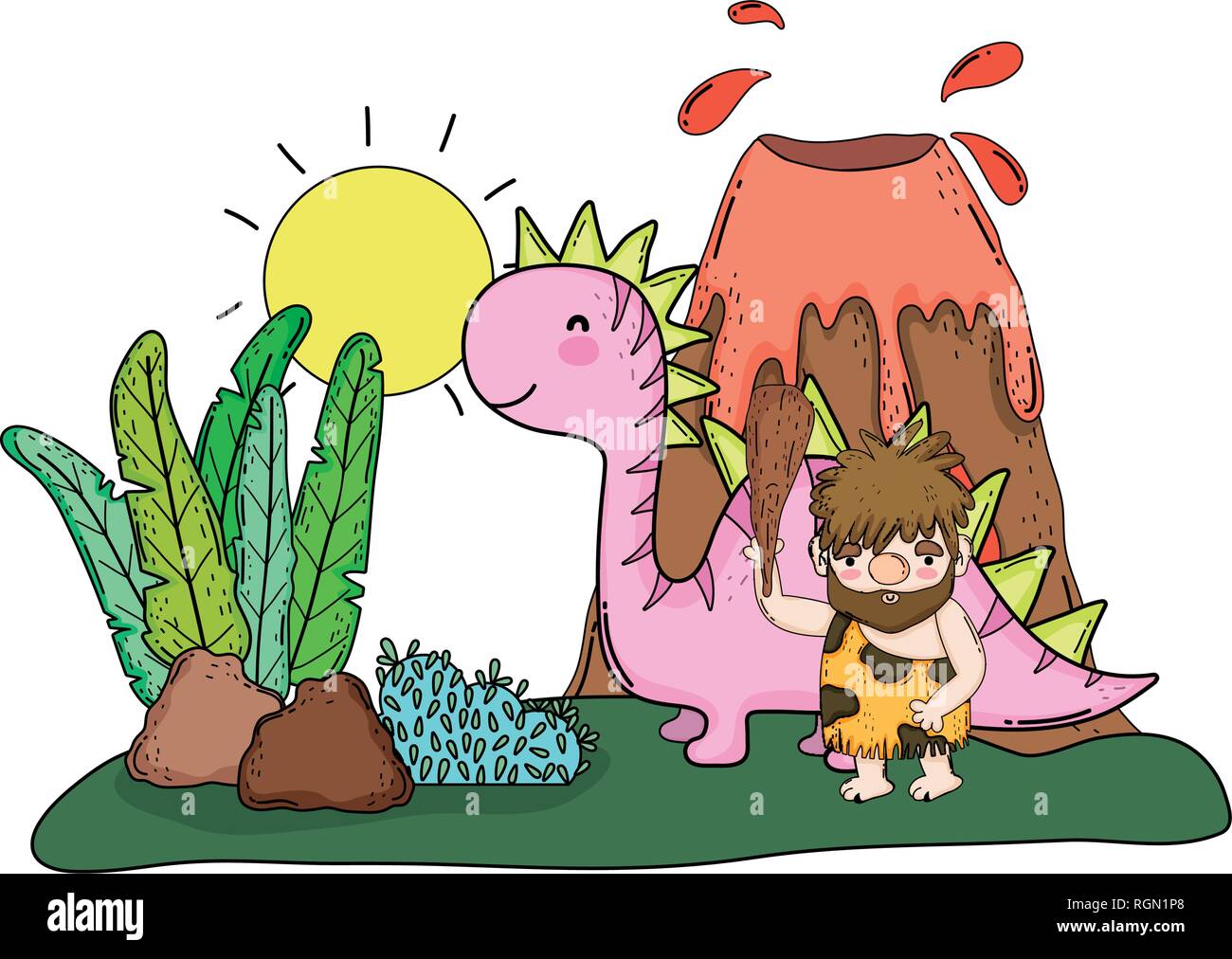 caveman with dinosaur in the landscape and volcano Stock Vector Image ...