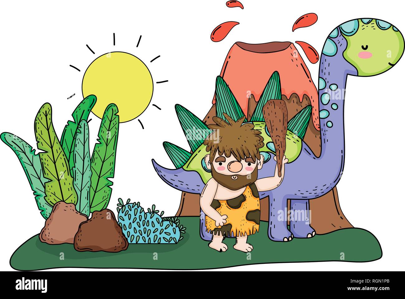 caveman with dinosaur in the landscape and volcano Stock Vector Image ...