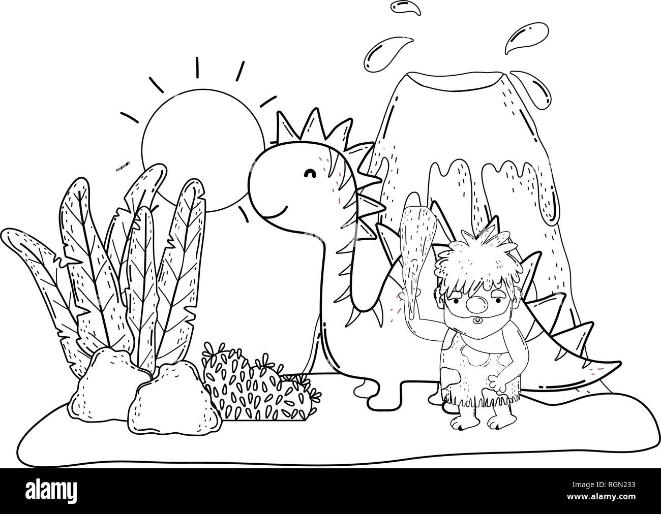 caveman with dinosaur in the landscape and volcano Stock Vector Image ...