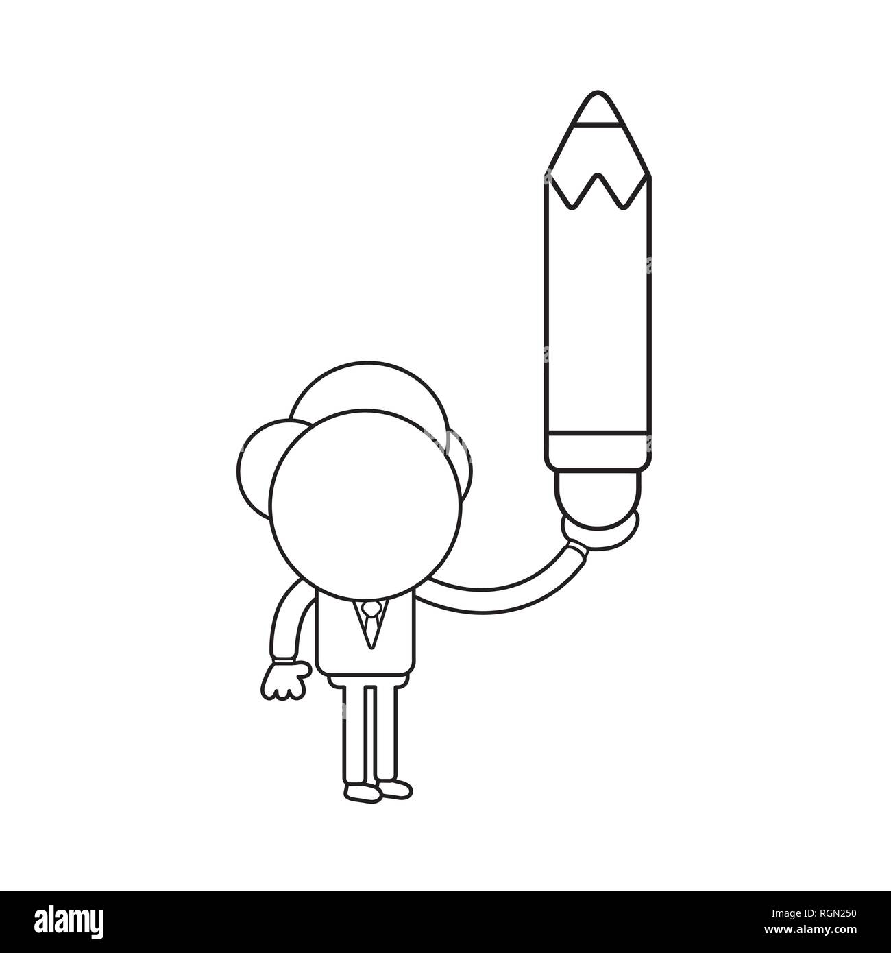 Vector illustration businessman character holding pencil. Black outline ...