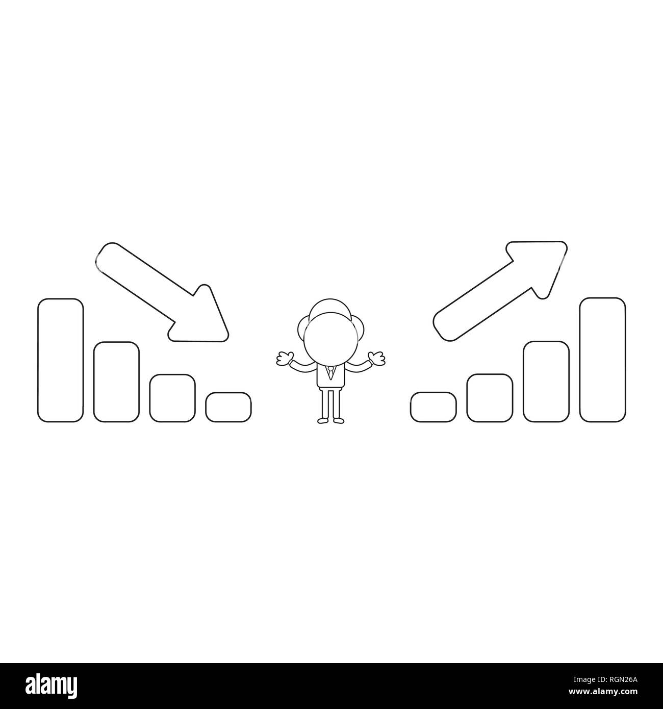 Vector illustration businessman character between sales bar charts ...