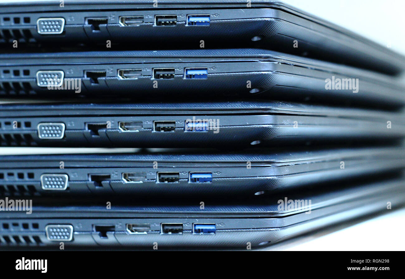 Computer connectivity. Sockets panel of Laptops Folded Stack Stock ...