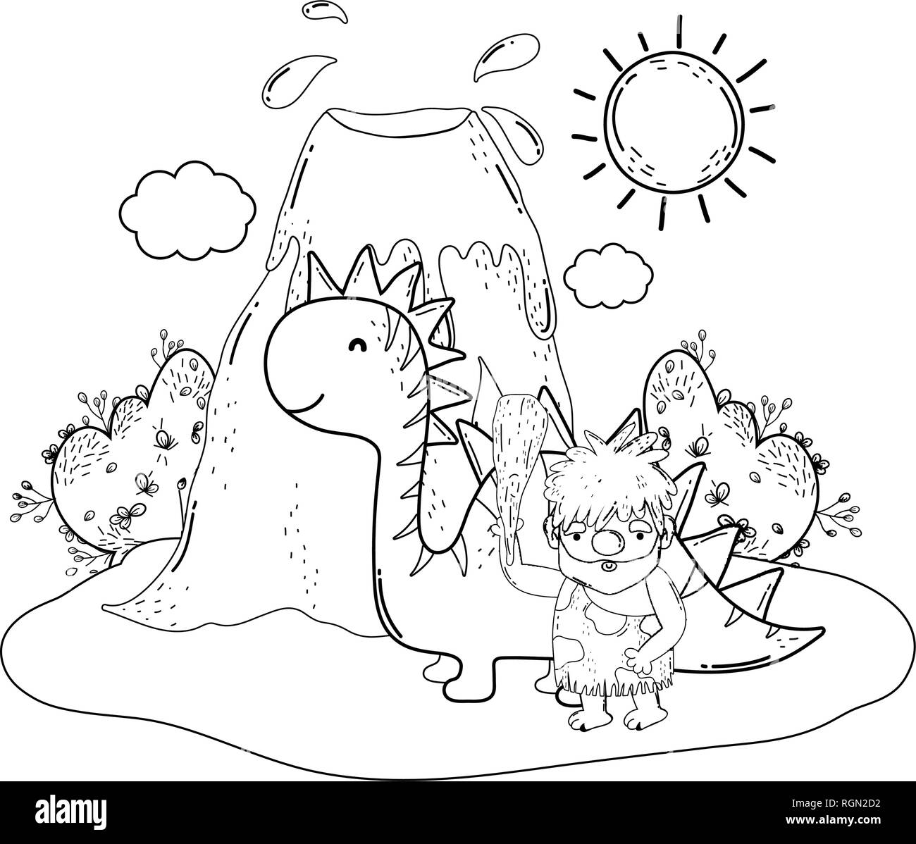 caveman with dinosaur in the landscape and volcano Stock Vector Image ...