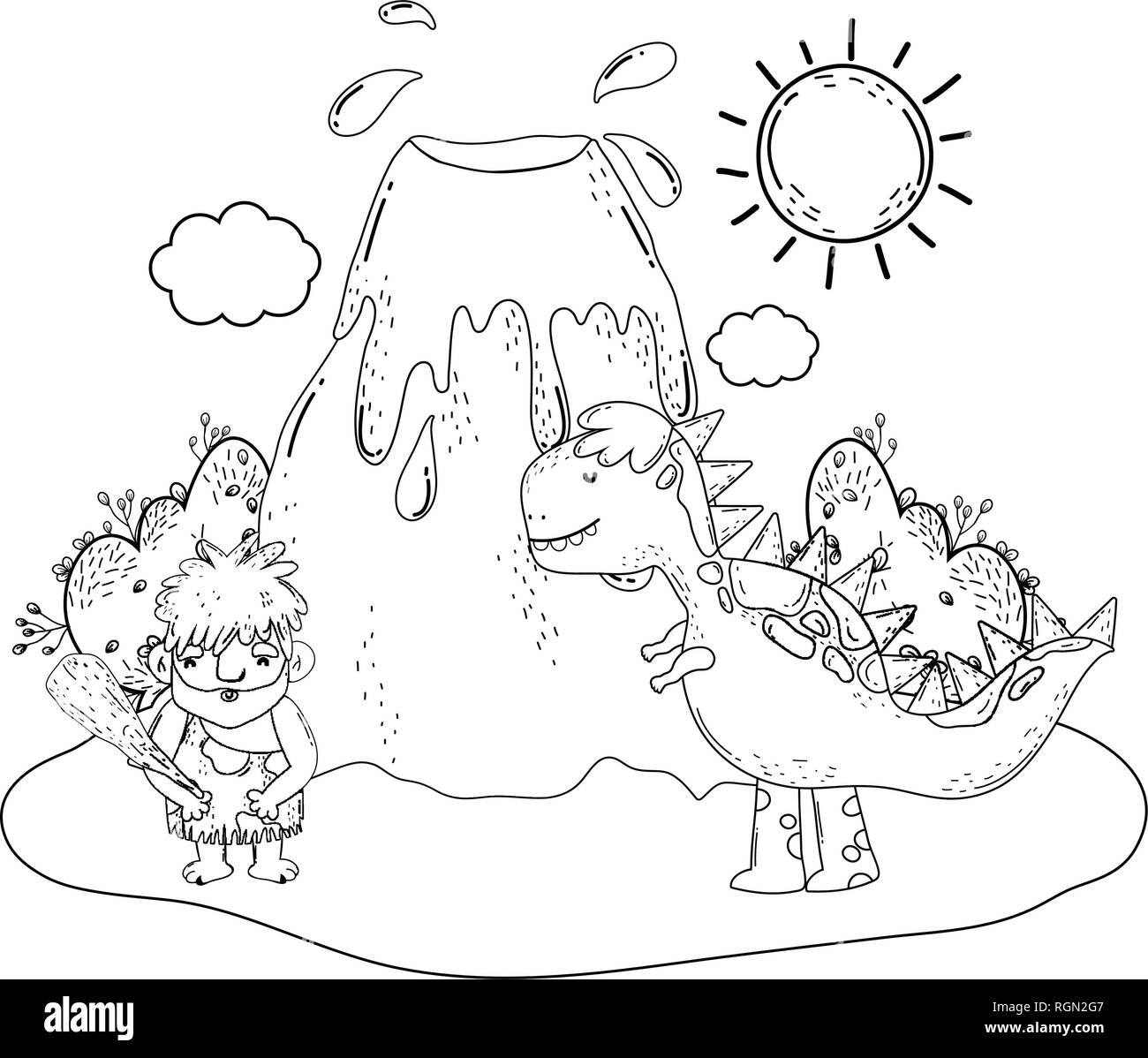 caveman with dinosaur in the landscape and volcano Stock Vector Image ...