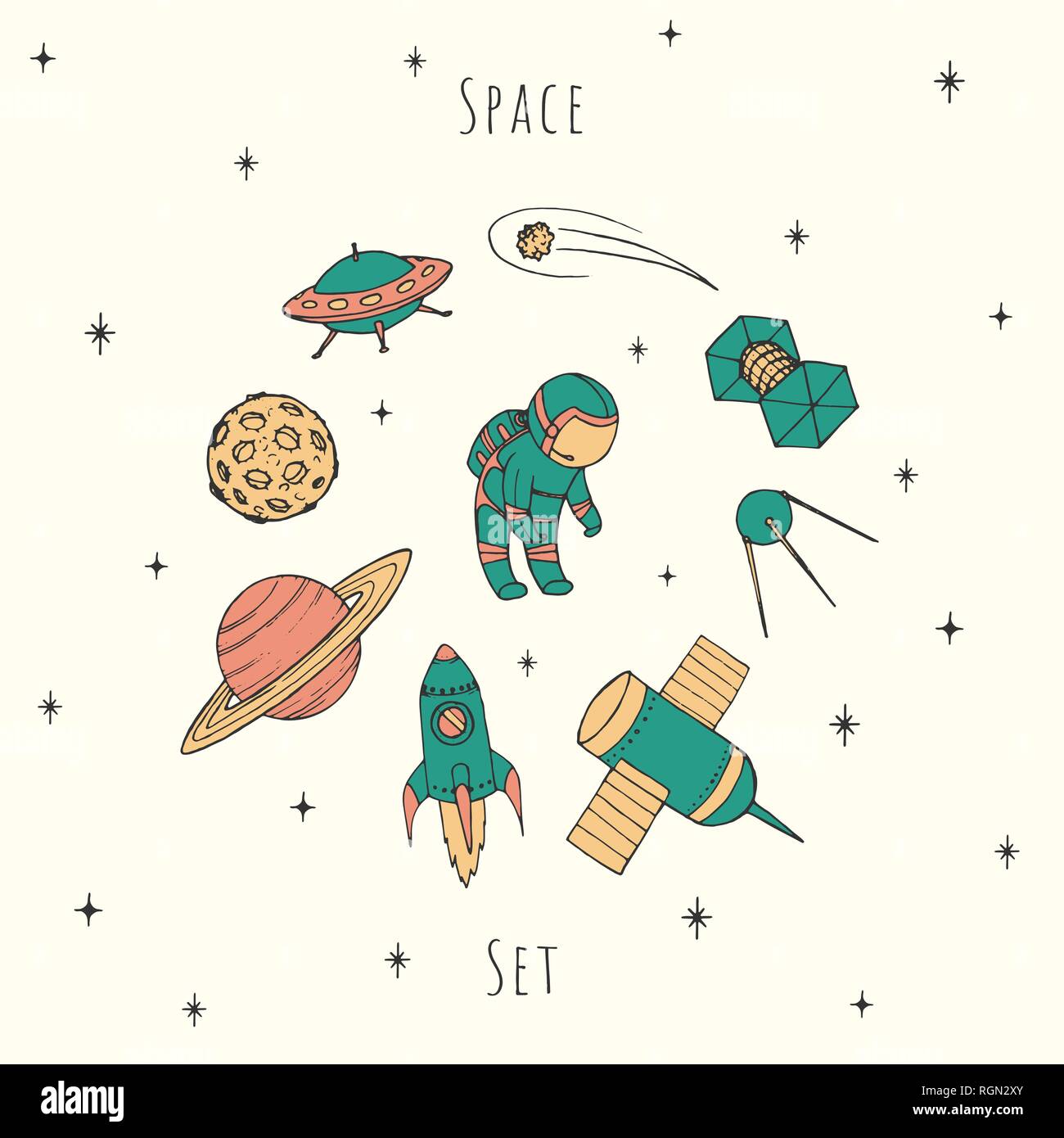 Hand drawn vector space elements: cosmonaut, satelites, rocket, planets ...