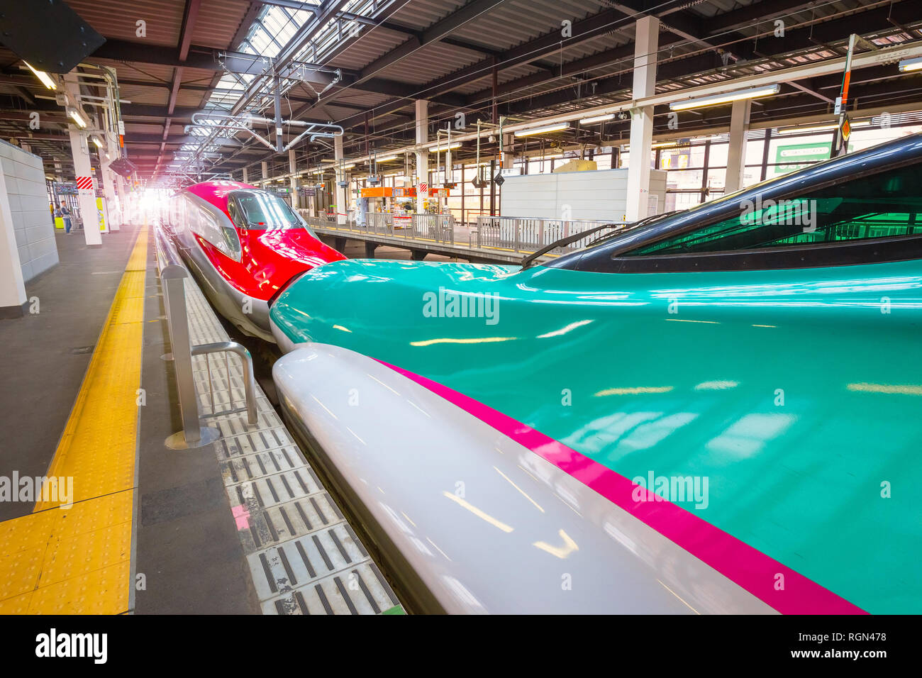 Iwate , Japan - April 22 2018: Japanese Shinkansen high speed train Hayabusa (green) and Komachi ...