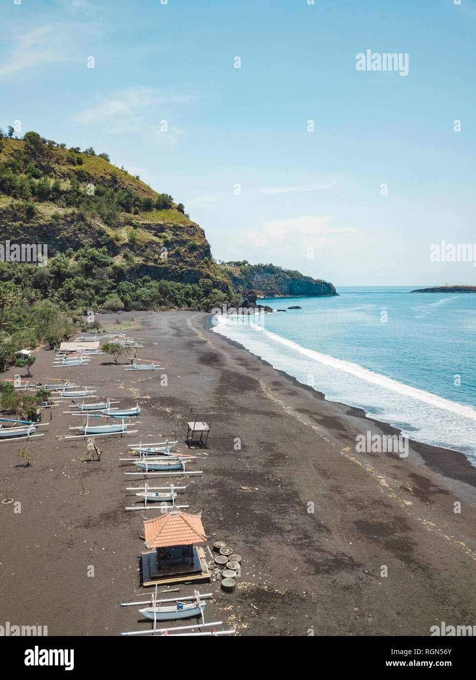 Indonesia, Bali, Karangasem, Aerial view of Bugbug beach, banca boats ...