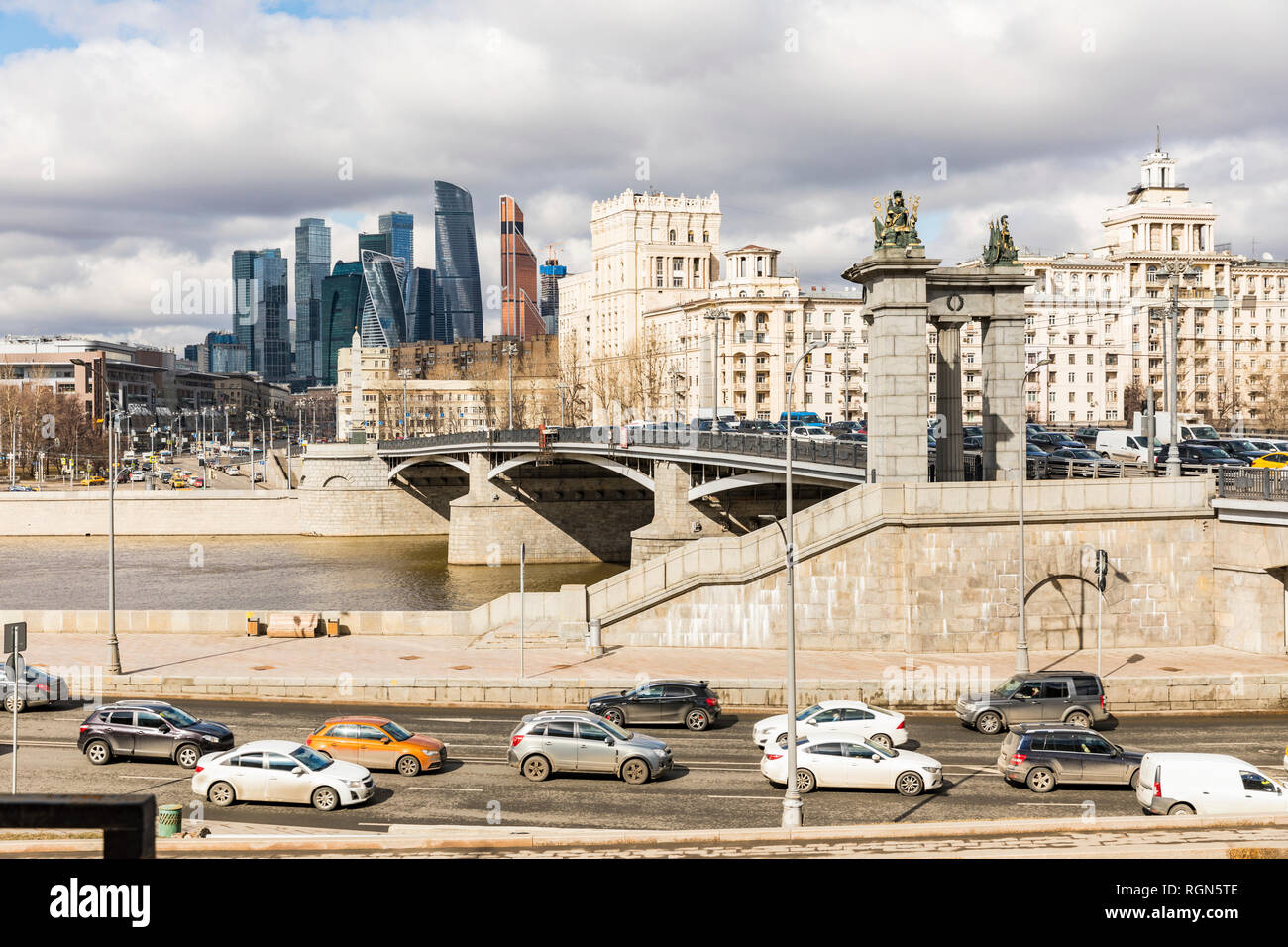 Russia, Moscow, Bridge in the city over Moskva river with financial ...