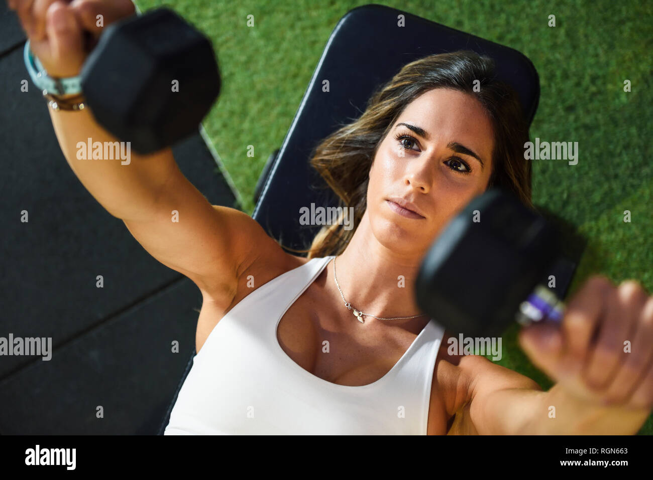 Woman training with dumbbells in a gym Stock Photo - Alamy