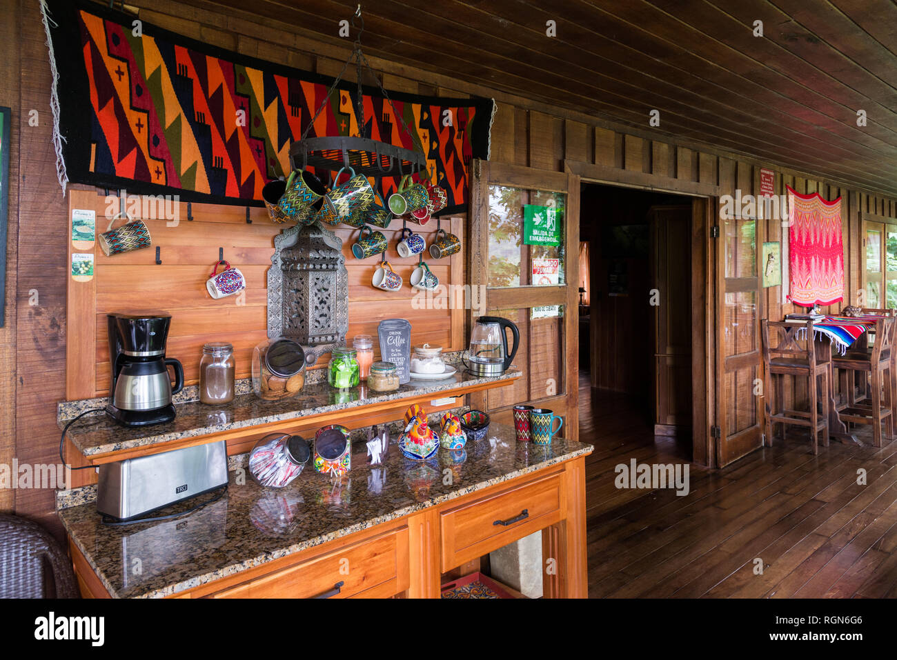 A coffee bar with condiments at an eco-lodge. Costa Rica. Central ...