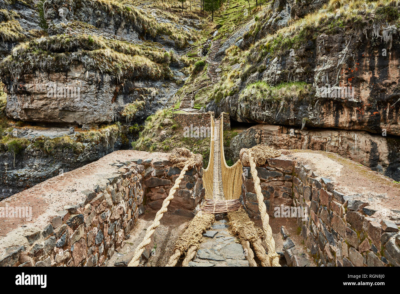 Peru, Quehue, Inca rope bridge Stock Photo - Alamy