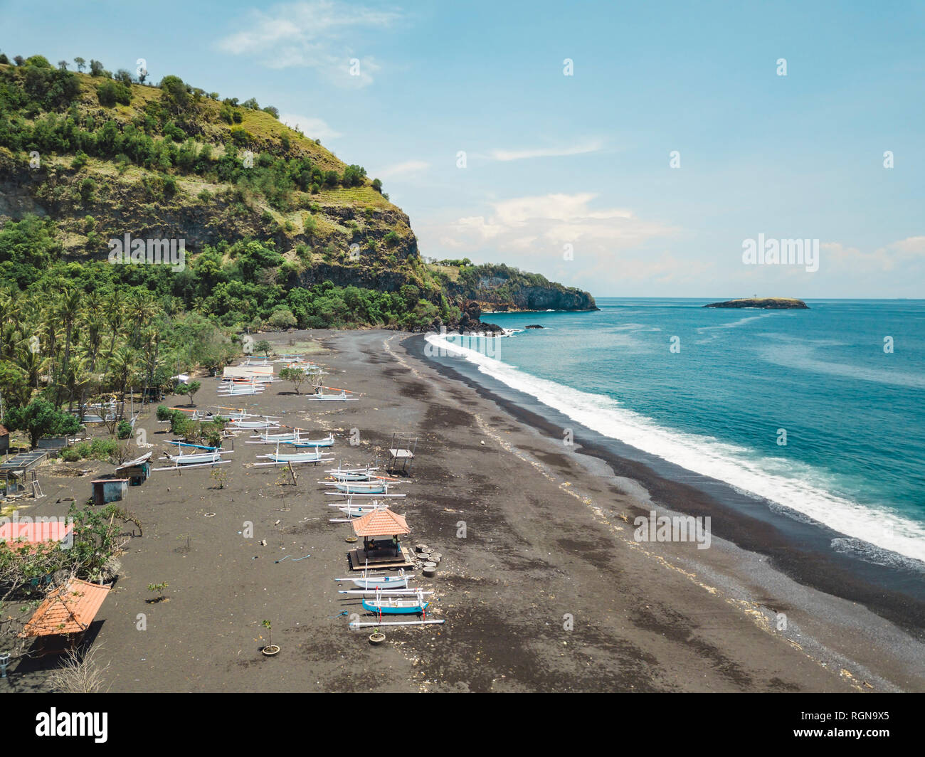 Indonesia, Bali, Karangasem, Aerial view of Bugbug beach, banca boats ...