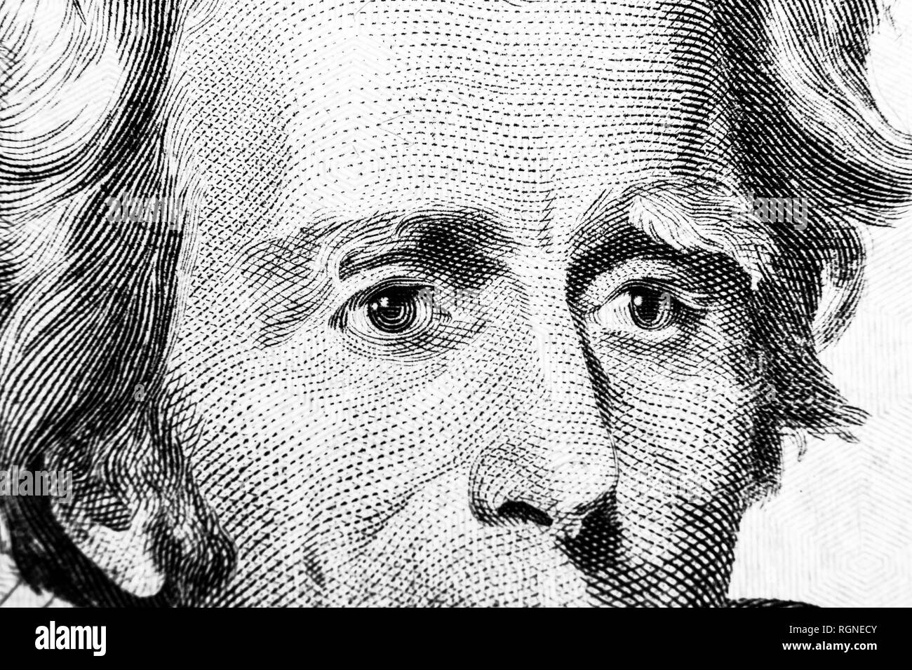 Close up view Portrait of Andrew Jackson on the one twenty dollar bill ...