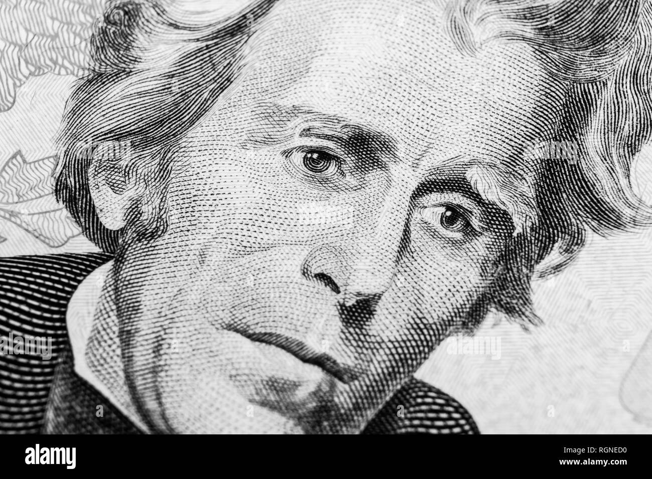 Close up view Portrait of Andrew Jackson on the one twenty dollar bill ...