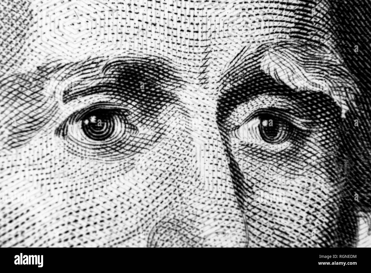 Close up view Portrait of Andrew Jackson on the one twenty dollar bill ...