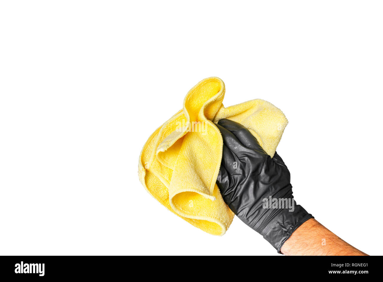 Washing concept. A male man hand with cloth isolated on white ...