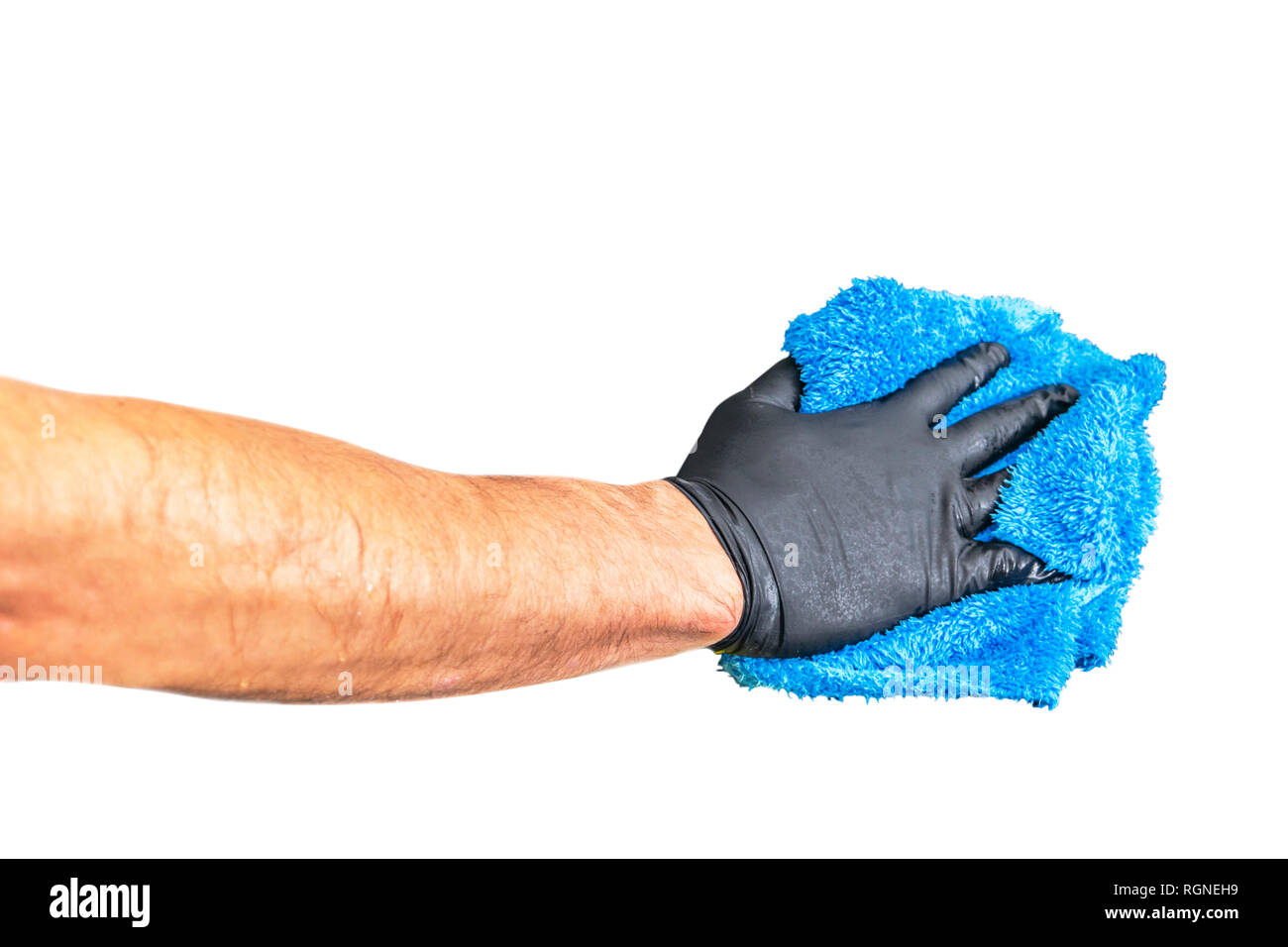 Washing concept. A male man hand with cloth isolated on white ...