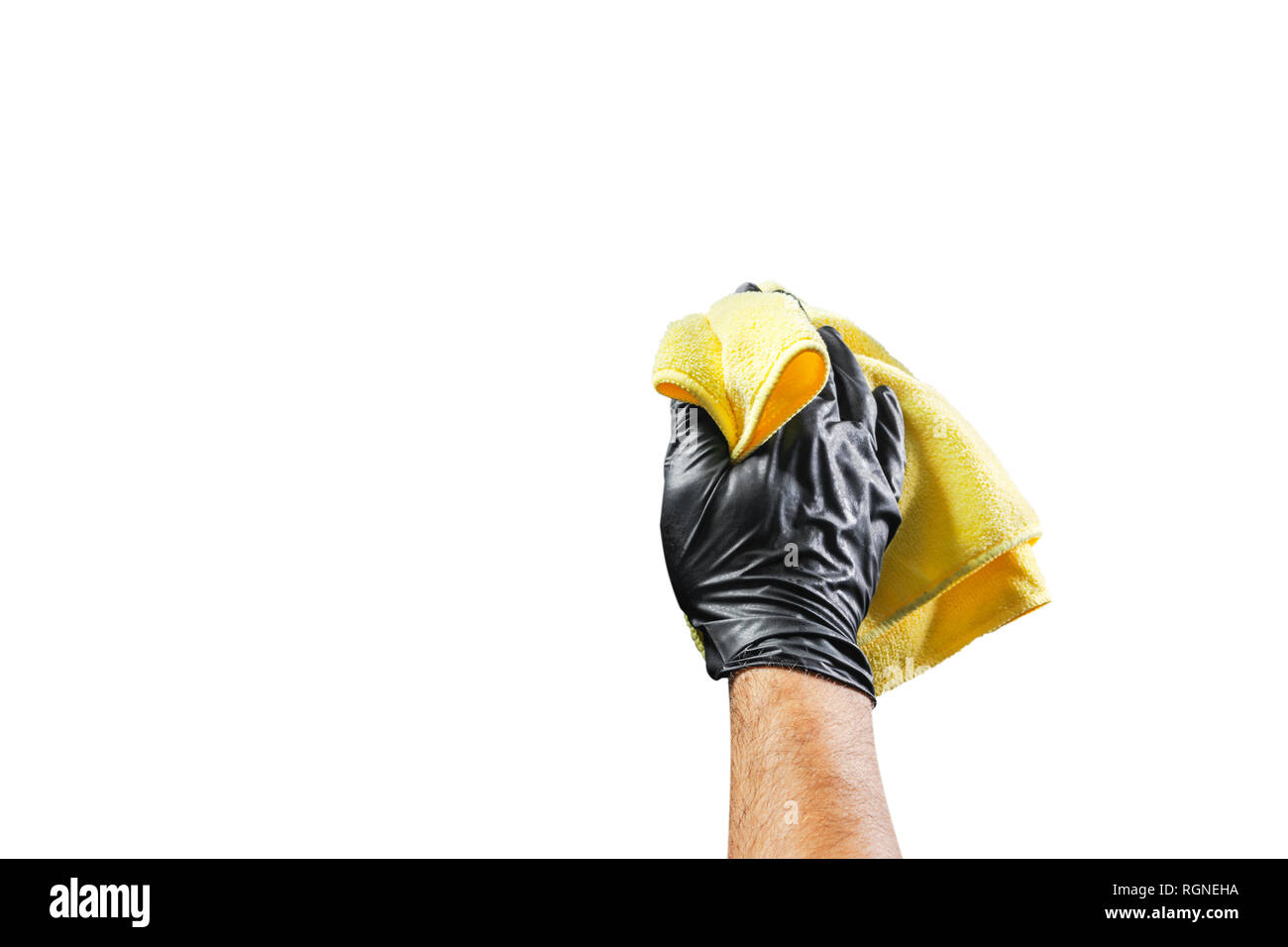 Washing concept. A male man hand with cloth isolated on white ...