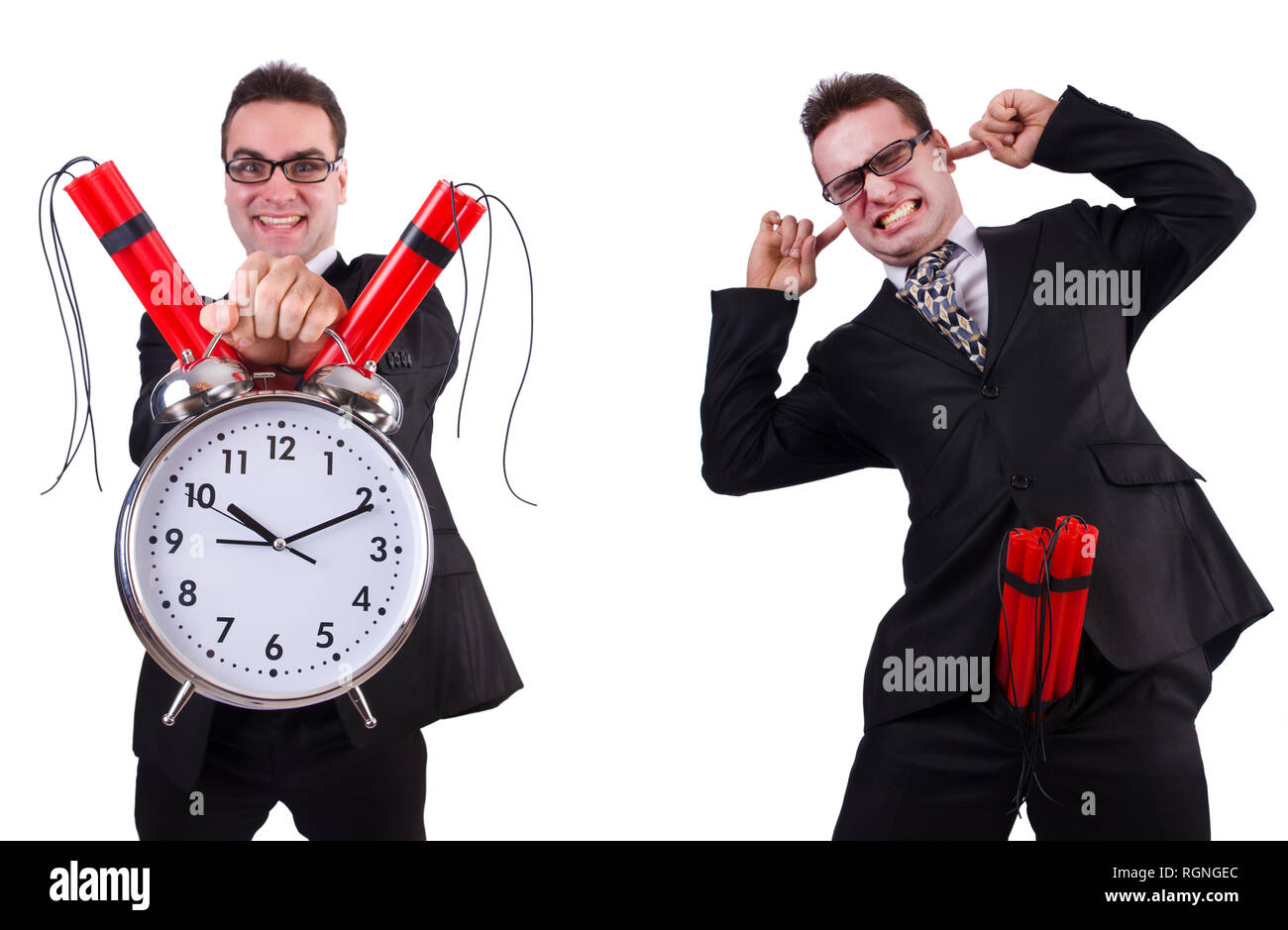 Man with time bomb isolated on white Stock Photo - Alamy