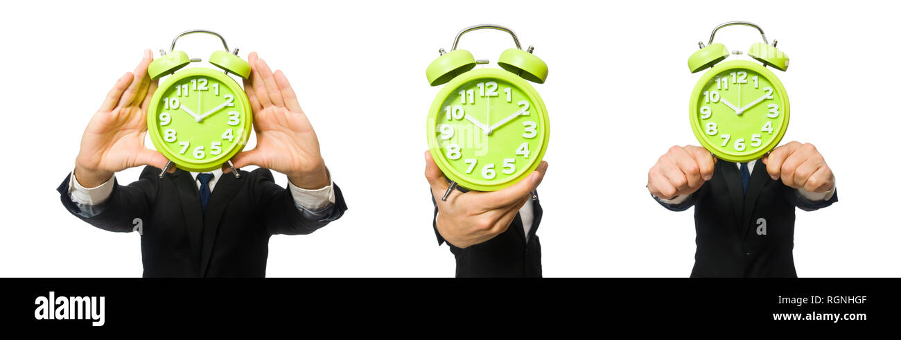Handsome businessman holding alarm clock isolated on white Stock Photo ...