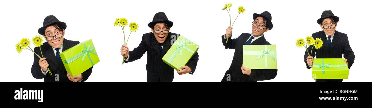 Funny man with flowers and box Stock Photo - Alamy