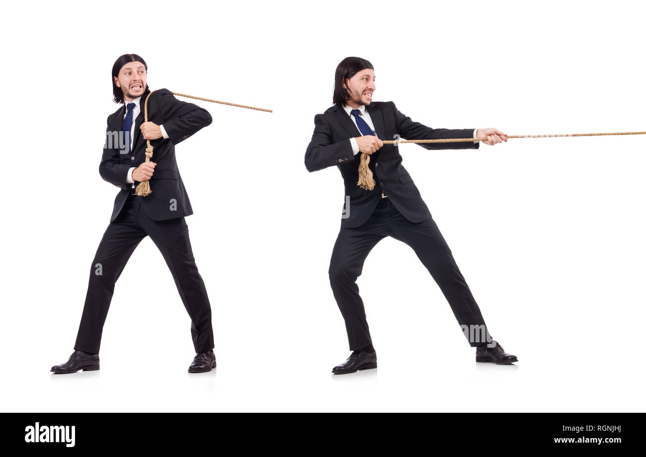 Young businessman pulling rope isolated on white Stock Photo - Alamy