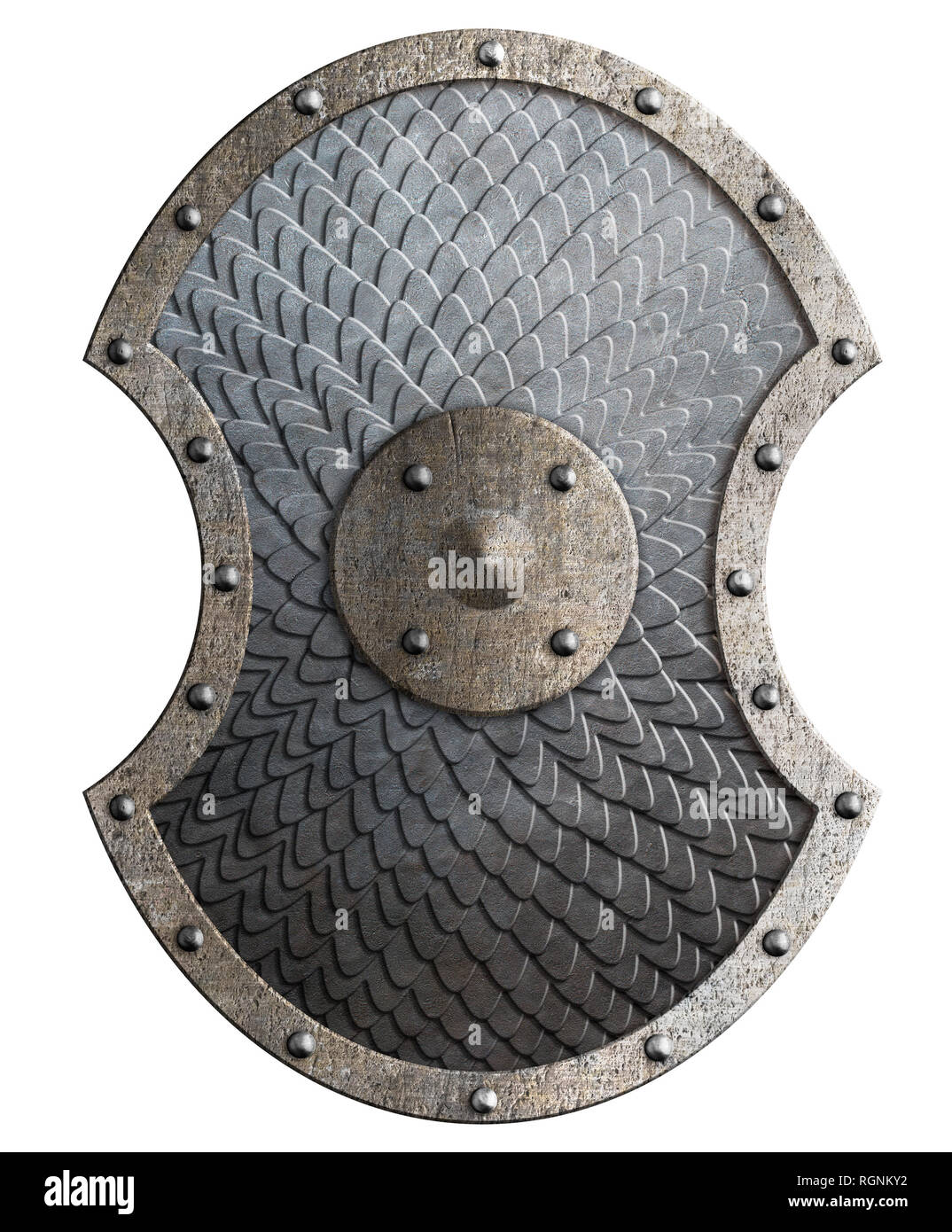 Round rustic metal shield covered by scales isolated 3d illustration ...